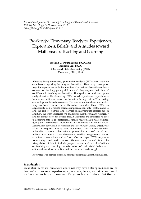 (PDF) Pre-Service Elementary Teachers’ Experiences, Expectations ...