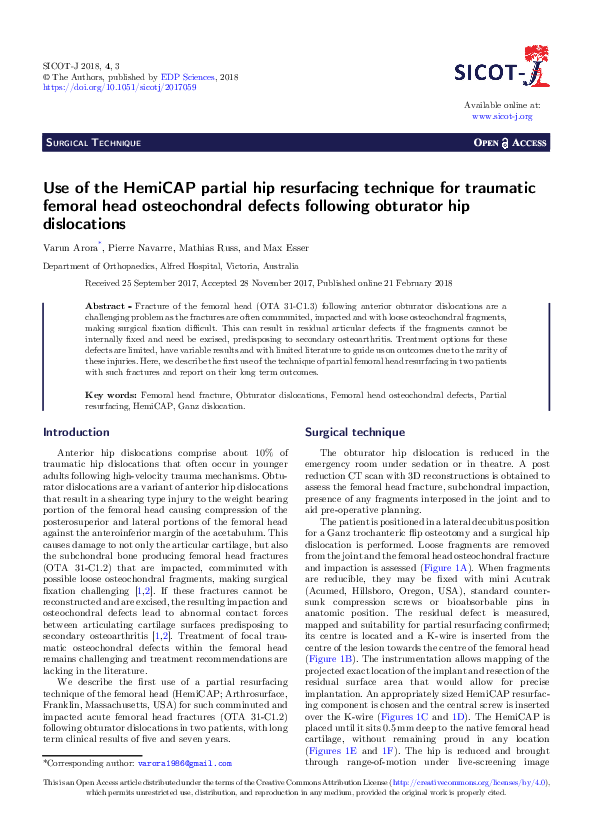 (PDF) Use of the HemiCAP partial hip resurfacing technique for ...