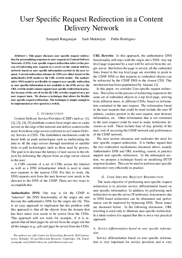 Pdf User Specific Request Redirection In A Content Delivery Network