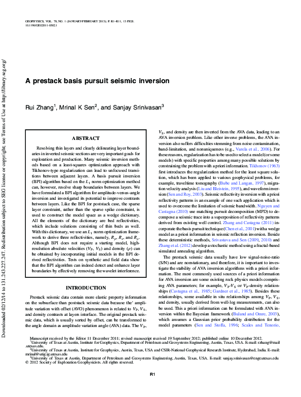 (PDF) A prestack basis pursuit seismic inversion