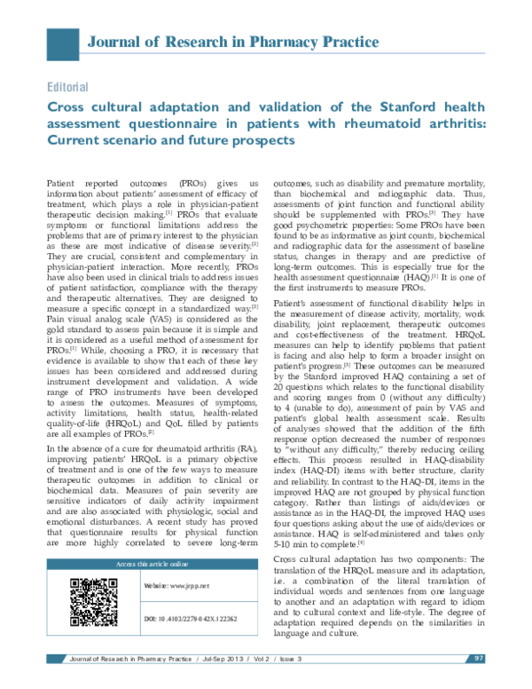 (PDF) Cross cultural adaptation and validation of the Stanford health ...