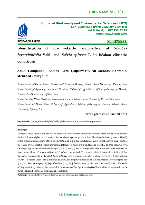 (PDF) Identification of the volatile composition of Stachys lavandulifolia Vahl. and Salvia ...