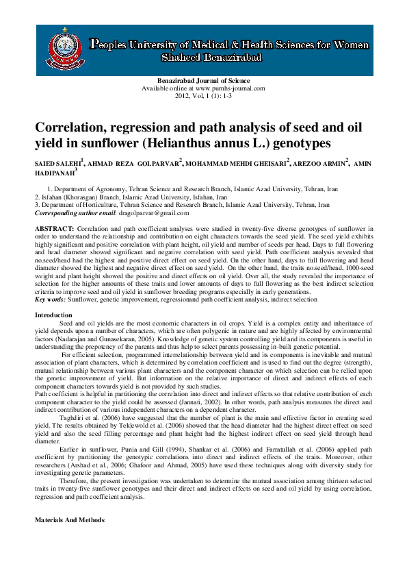 (PDF) Correlation, regression and path analysis of seed and oil yield in sunflower (Helianthus ...