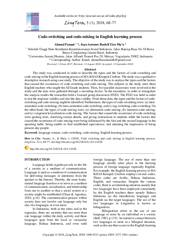 (PDF) Code switching and code mixing in English learning process