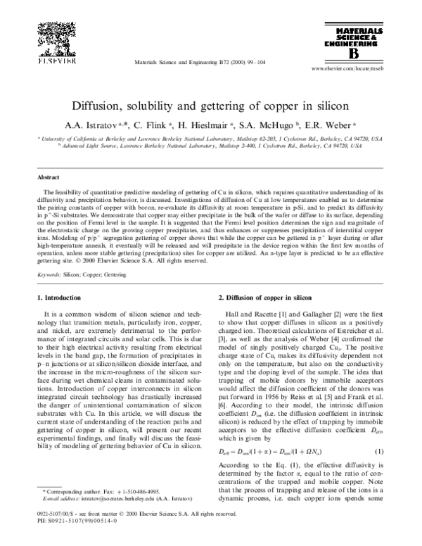 (PDF) Diffusion, solubility and gettering of copper in silicon