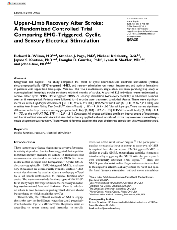 (PDF) Upper-Limb Recovery After Stroke: A Randomized Controlled Trial Comparing EMG-Triggered ...