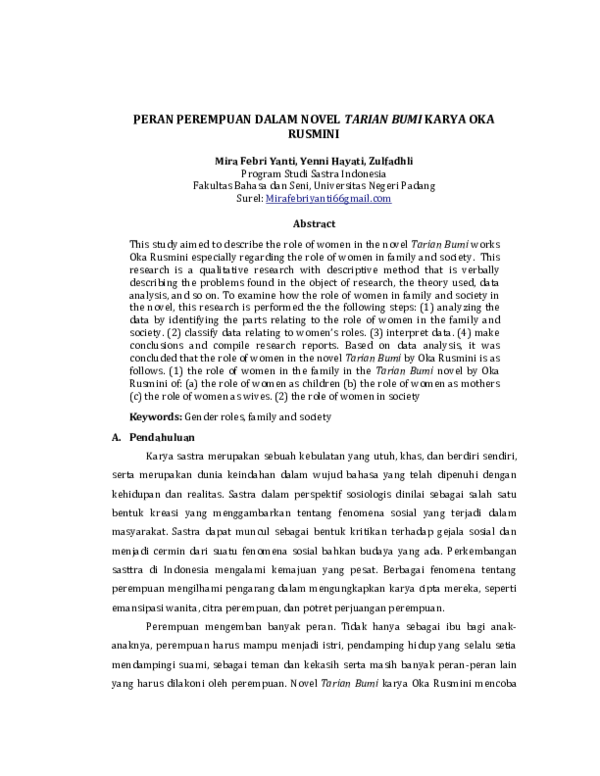(PDF) Peran Perempuan Dalam Novel Tarian Bumi Karya Oka Rusmini