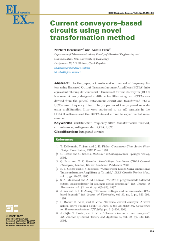 (PDF) Current conveyors-based circuits using novel transformation method