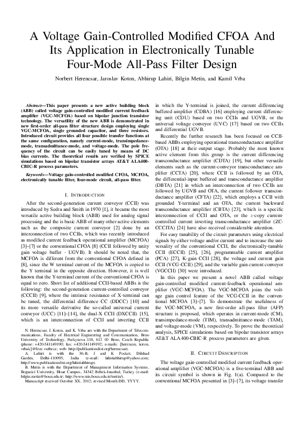 (PDF) A Voltage Gain-Controlled Modified CFOA And Its Application in ...