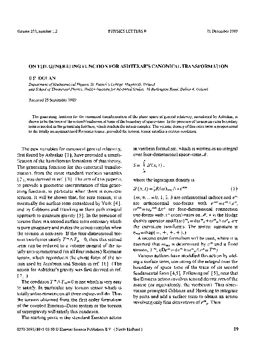 (PDF) Ashtekar's Transformation Generating Function
