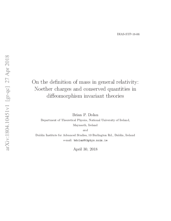 (PDF) On the definition of mass in general relativity: Noether charges ...