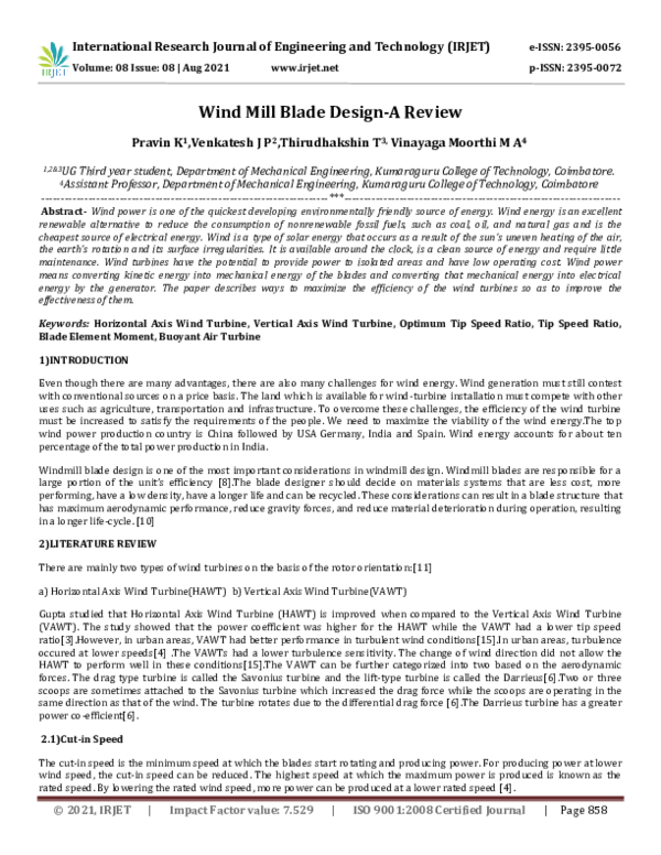 (PDF) Wind Mill Blade Design-A Review