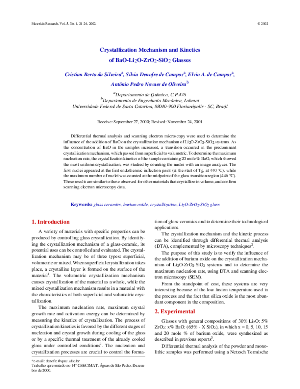 (PDF) Crystallization Mechanism and Kinetics of BaO-Li2O-ZrO2-SiO2 Glasses