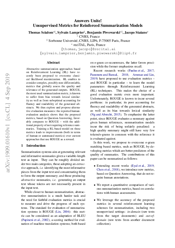 (PDF) Answers Unite! Unsupervised Metrics for Reinforced Summarization Models
