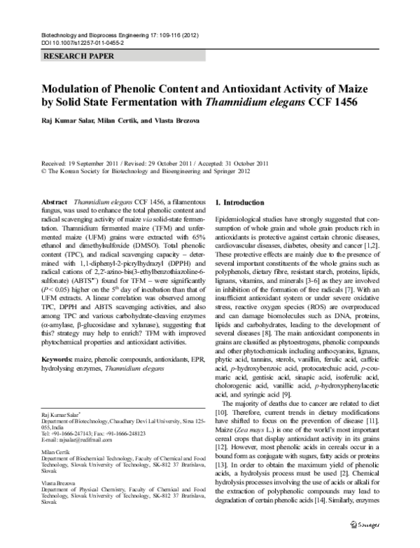 (PDF) Modulation of phenolic content and antioxidant activity of maize by solid state ...