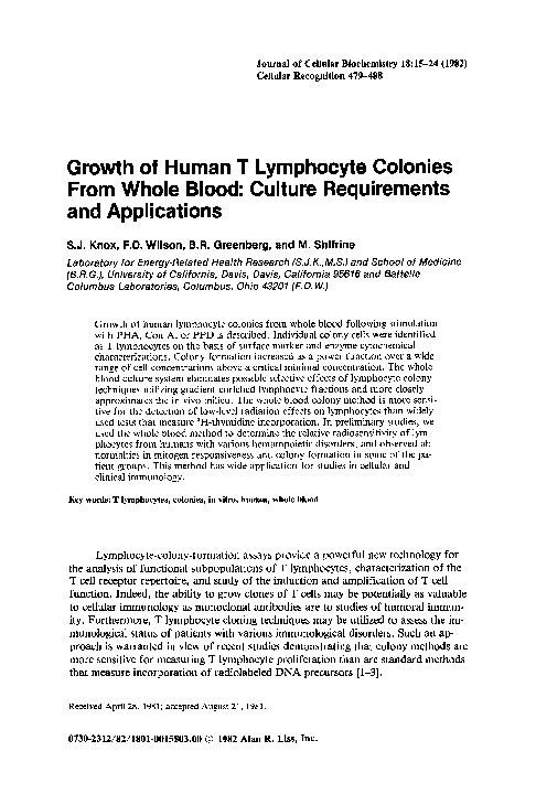 (PDF) Growth of Human T Lymphocyte Colonies From Whole Blood: Culture ...