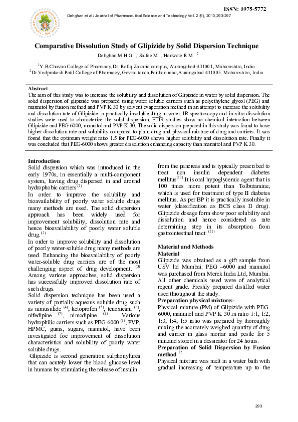 (PDF) Comparative Dissolution Study of Glipizide by Solid Dispersion Technique