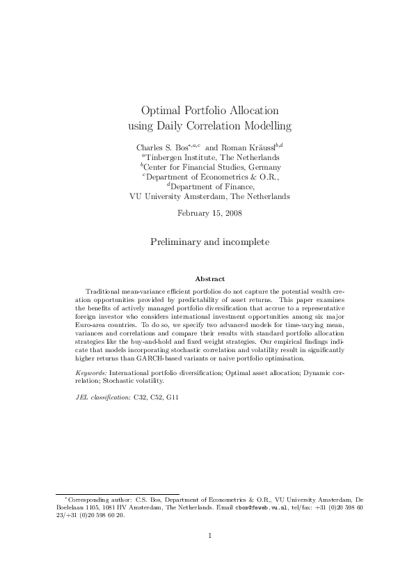 Pdf Optimal Portfolio Allocation Using Daily Correlation Modelling