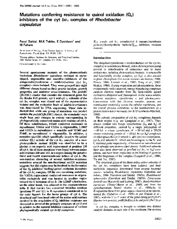 (PDF) Mutations conferring resistance to quinol oxidation (Qz ...