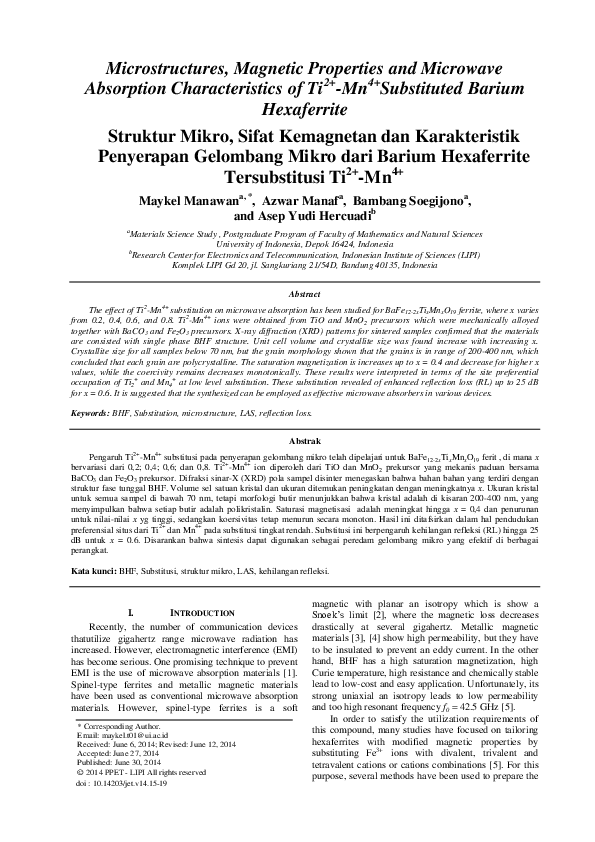 (PDF) Microstructures, Magnetic Properties and Microwave Absorption Characteristics of Ti2+ -Mn4 ...