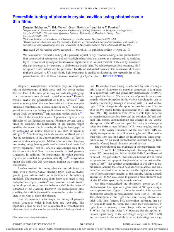 (PDF) Reversible tuning of photonic crystal cavities using photochromic thin films