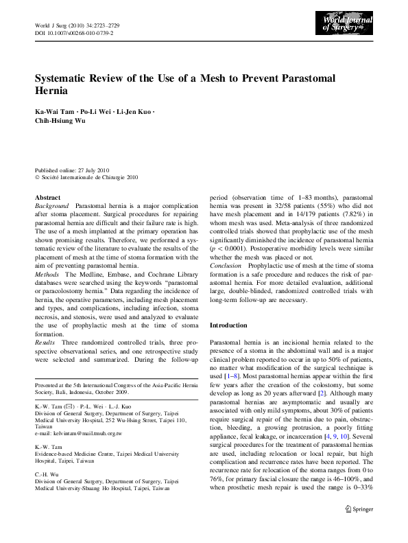 (PDF) Systematic Review of the Use of a Mesh to Prevent Parastomal Hernia