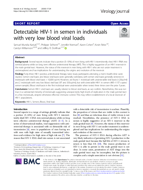 (PDF) Detectable HIV-1 in semen in individuals with very low blood ...