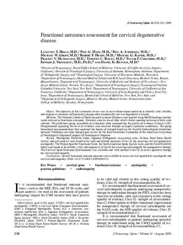 (PDF) Functional outcomes assessment for cervical degenerative disease