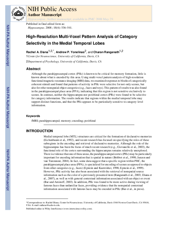 (PDF) High‐resolution multi‐voxel pattern analysis of category selectivity in the medial ...