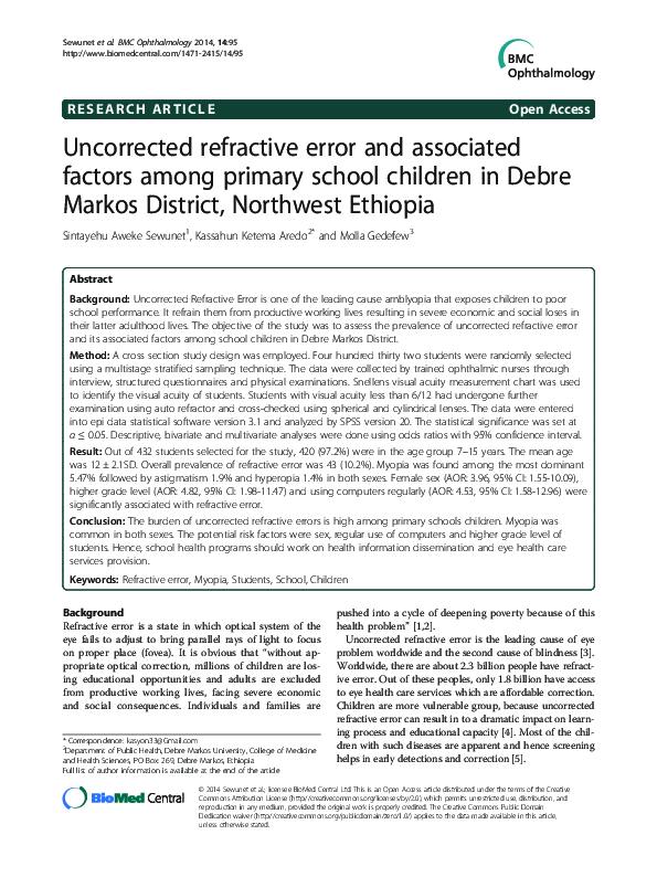(PDF) Uncorrected refractive error and associated factors among primary ...