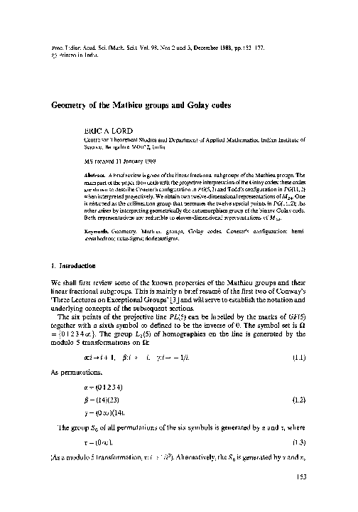 (PDF) Geometry of the Mathieu groups and Golay codes