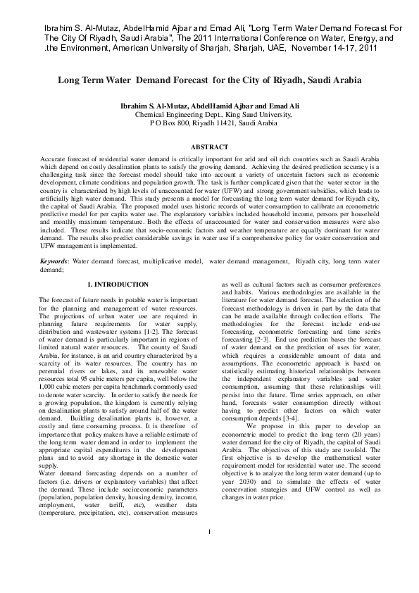 (PDF) Long Term Water Demand Forecast For The City Of Riyadh, Saudi Arabia
