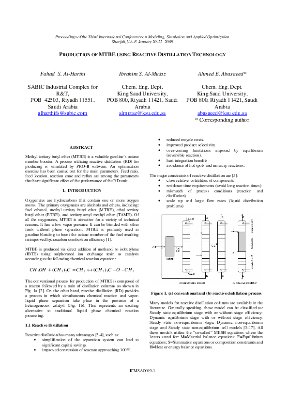 (PDF) Production of MTBE Using Reactive Distillation Technology