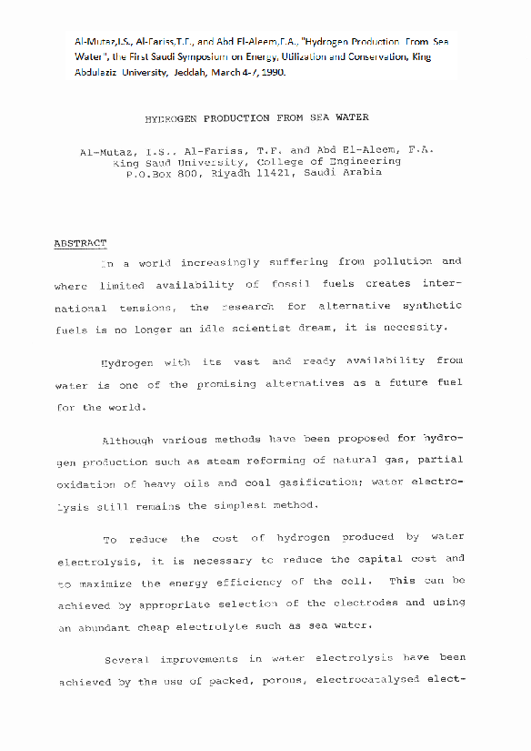 (PDF) Hydrogen Production From Sea Water