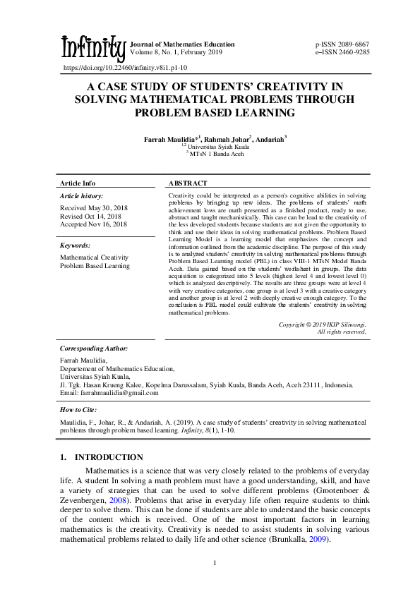 (PDF) A Case Study of Students’ Creativity in Solving Mathematical Problems Through Problem ...
