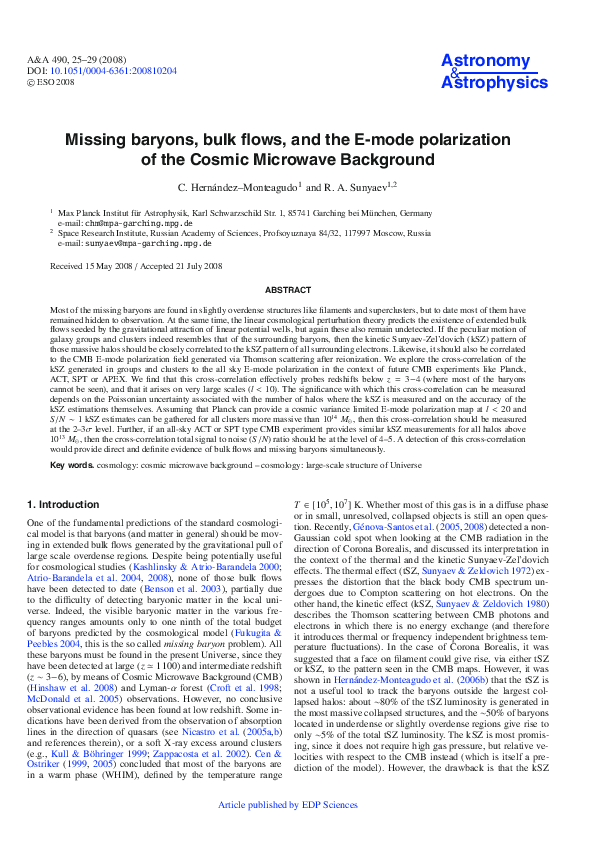 (PDF) Missing baryons, bulk flows, and the E-mode polarization of the ...