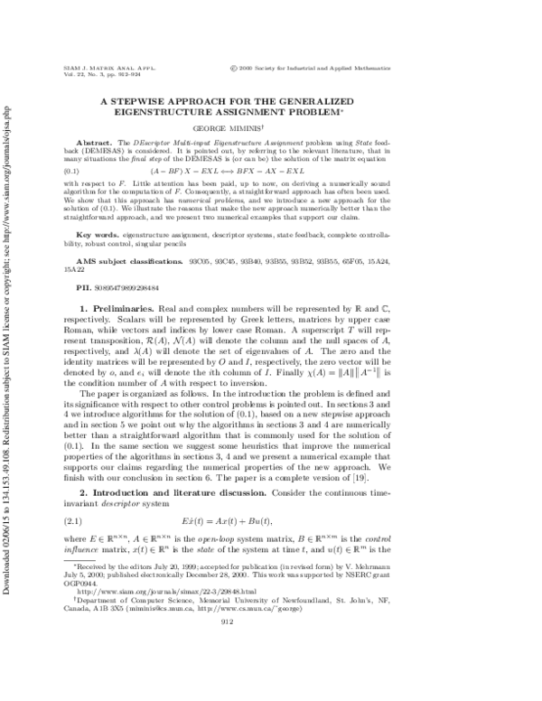 Pdf A Stepwise Approach For The Generalized Eigenstructure Assignment Problem George Miminis 9558