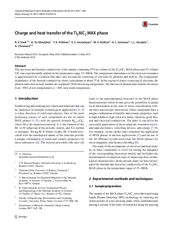 (PDF) Charge and heat transfer of the Ti3AlC2 MAX phase