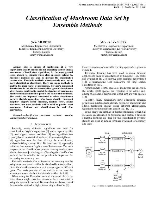 (PDF) Classification of Mushroom Data Set by Ensemble Methods