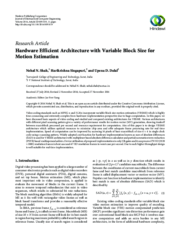 (PDF) Hardware Efficient Architecture with Variable Block Size for Motion Estimation