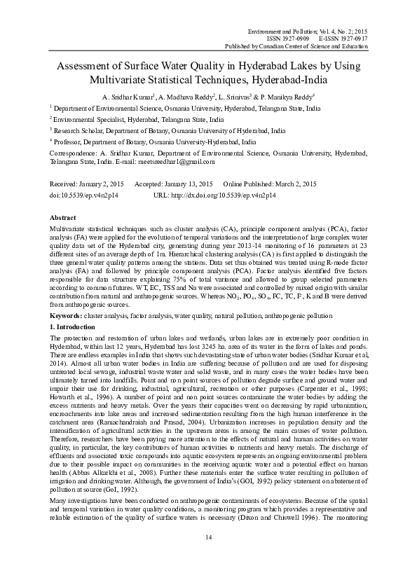 (PDF) Assessment of Surface Water Quality in Hyderabad Lakes by Using ...