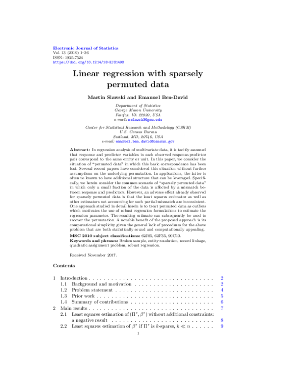 (PDF) Linear regression with sparsely permuted data