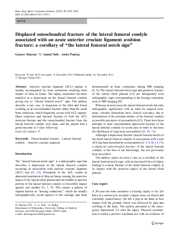 (PDF) Displaced osteochondral fracture of the lateral femoral condyle ...