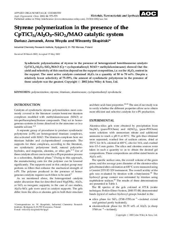 (PDF) Styrene polymerization in the presence of the CpTiCl3/Al2O3-SiO2 ...