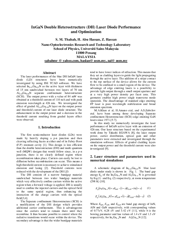 (PDF) InGaN Double Heterostructure (DH) Laser Diode Performance and ...