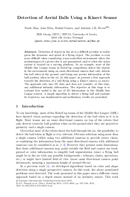 Pdf Detection Of Aerial Balls Using A Kinect Sensor