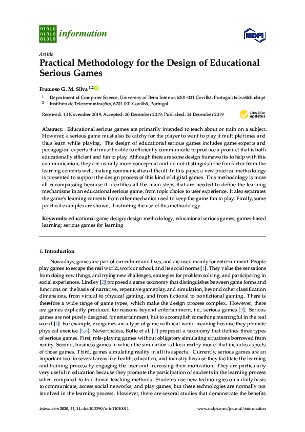 (PDF) Practical Methodology for the Design of Educational Serious Games