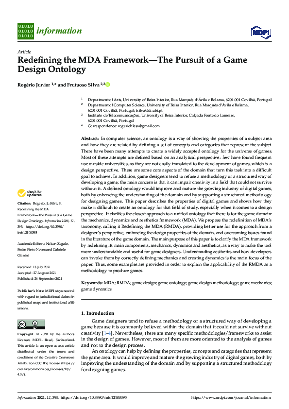 (PDF) Redefining the MDA Framework—The Pursuit of a Game Design Ontology