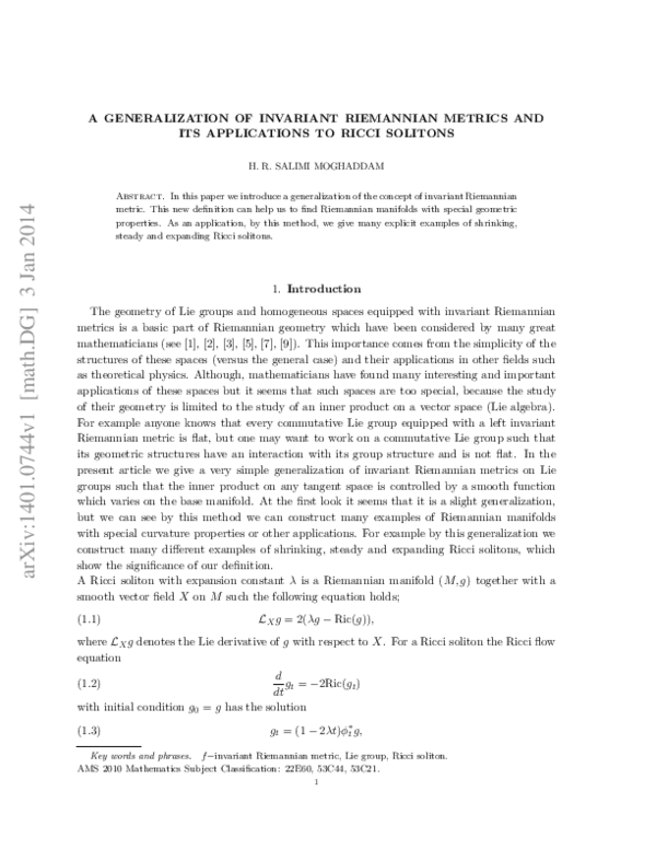 (PDF) A generalization of invariant Riemannian metrics and its applications to Ricci Solitons