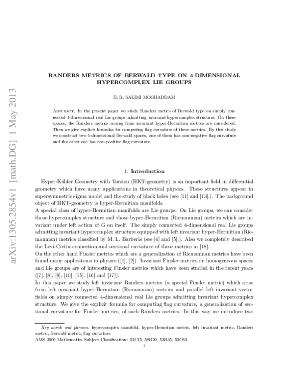 (PDF) Randers metrics of Berwald type on four-dimensional hypercomplex ...